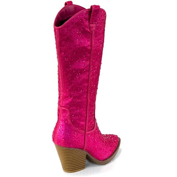 Shoes | New Hot Pink Shiny Rhinestone Western Chunky Heel Cowboy Boots ...